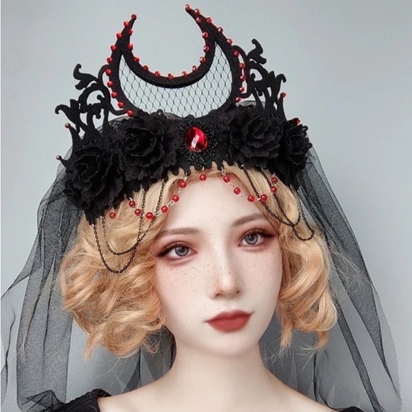 Accessories | Gothic Wedding Lace Red Rhinestone Veil Halloween Cosplay ...